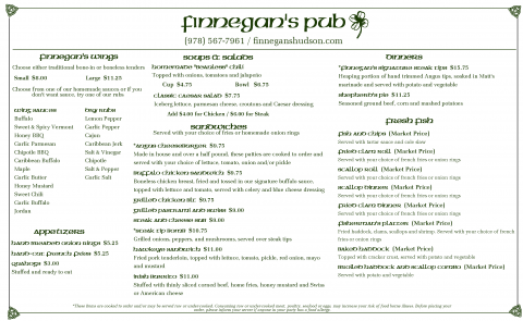 Menu | Finnegans Pub Hudson
